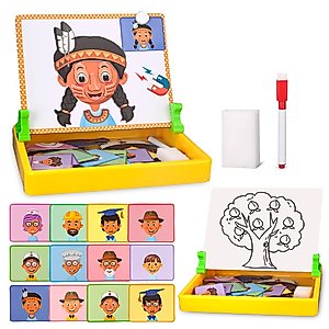 TAKIHON Magnetic Puzzles Toys with Drawing Board,Double Side Magnet Toys,Face Changing&Dress Up Puzzles,Preschool Learning Educational Toy for Kids,Toddlers,Boys,Girls