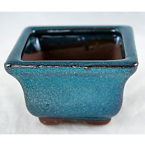 Square Green Glazed Mini Mame Bonsai Pot, Cactus and Succulent Planter & Accent Plants Vase - 3.25"x 3.25"x 2" + Mesh