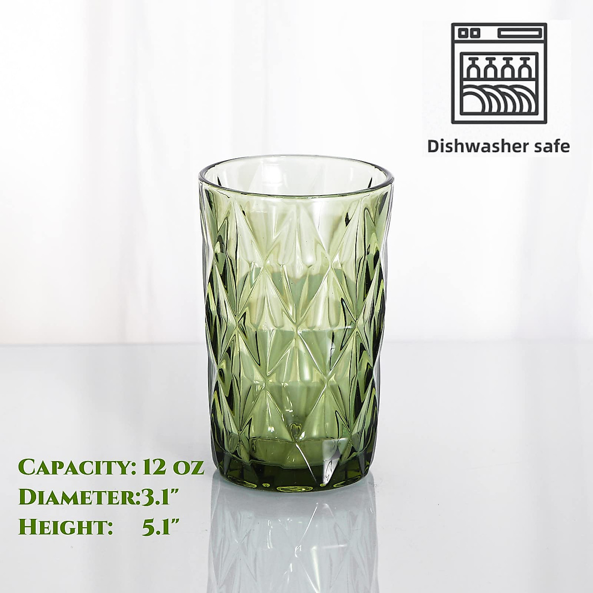 Bandesun Thick Glassware Drinking Glass set of 6 Diamond Kitchen Glasses Tumbler Cup（12 OZ），for Water，Cocktail，Milk，Juice and Beverage.