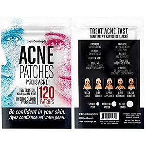 BASIC CONCEPTS Acne Patches (120 Pack), Tea Tree Oil and Hydrocolloid Pimple Patches for Face, Zit Patch (3 Sizes), Blemish Patches, Acne Dots, Pimple Stickers, Acne Patch and Pimple Patch