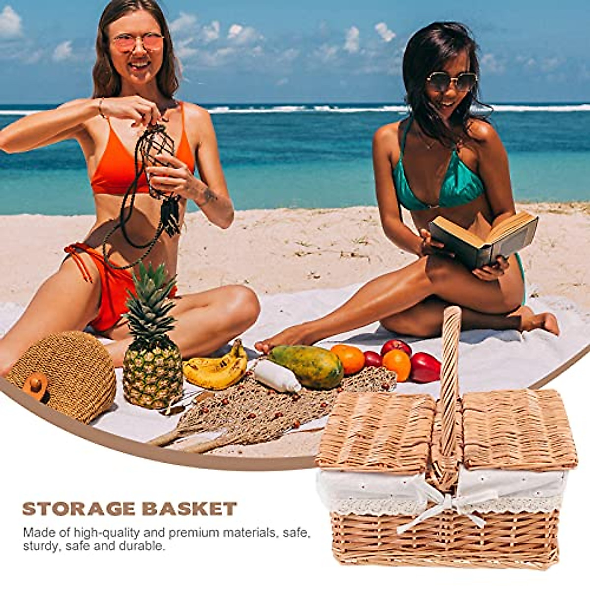 Cabilock Picnic Baskets Woven Baskets with Handles Picnic Storage Basket with Lid Farmhouse Ornaments Crafts for Outdoor Picnic Wedding Party Favors Decoration (White) Simple Picnic Basket