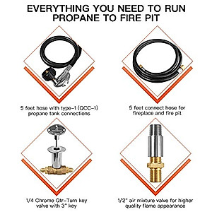 EXCELFU Fire Pit Installation Kit with 1/2" Chrome Key Valve, Propane Gas Fire Pit Valve Control System Kit Hose Assembly Replacement for Propane Gas Connection, 150K BTU Max