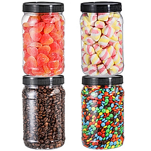 Fasmov 9 Pack 32 Oz Plastic Jars with Black Lids, Wide Mouth Clear Empty Plastic Storage Containers for Crafts, Dry Food, Peanut Butter, Honey and Jam Storage