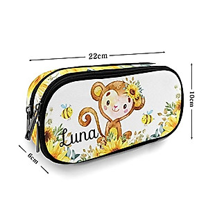 Custom Pencil Pen Case, Personalized Pencil Bag Pouch Box with Zipper, Pencil Pouch for School Office and Travel Sunflower Monkey