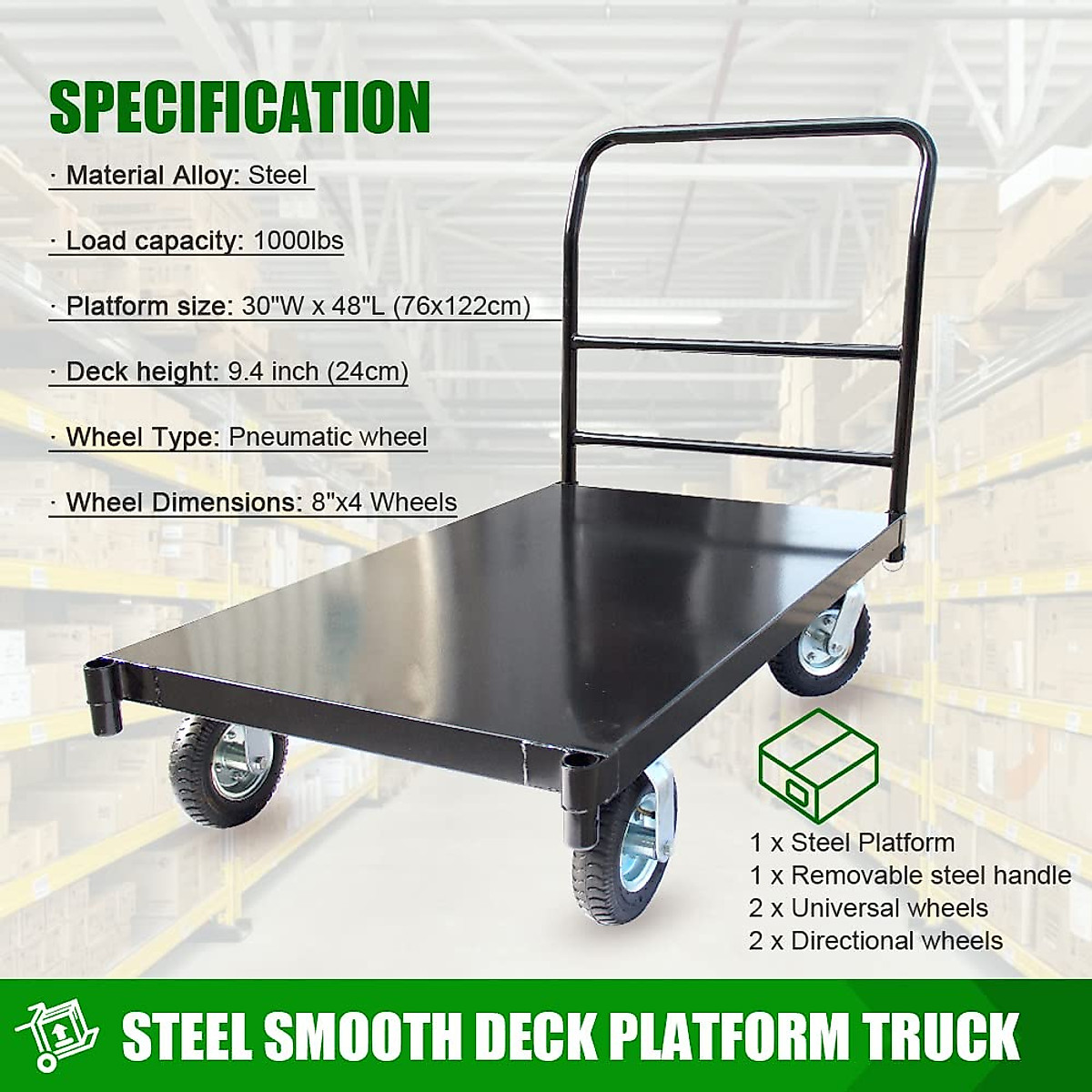 DMC-FPPS Steel Platform Truck/Smooth Deck Platform Truck Industrial Push Cart 48" L x 30" W Portable Dolly Large Flatbed with 8" Wheels 1000lb Capacity, Black