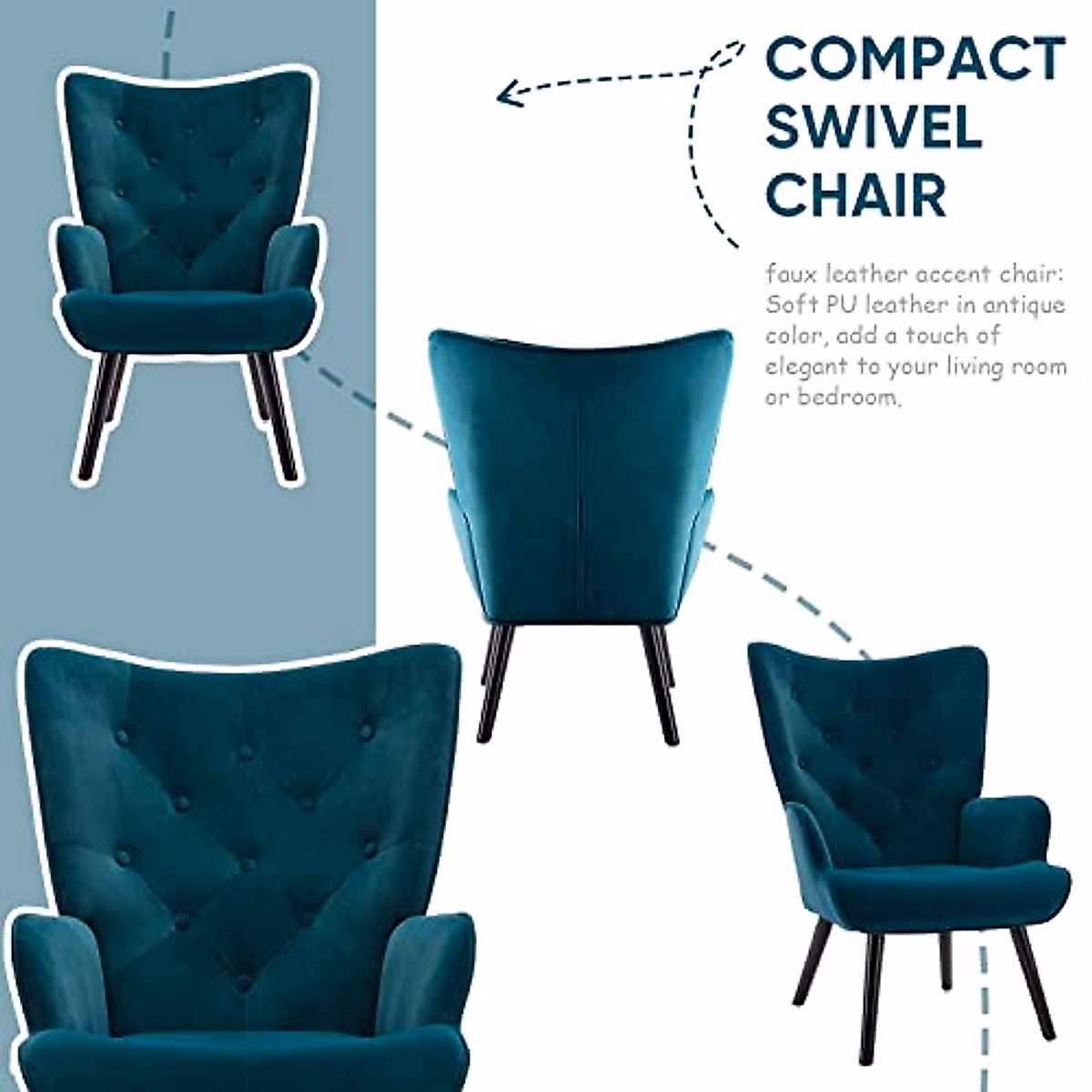 Accent Chairs Set for Living Room- Mid-Century Modern Comfy Reading Chair for Bedroom Adults Armchairs Sillones para Sala Sofa Tall Wingback Arm Chairs Microfiber Cushioned (Teal, 2 Chairs)
