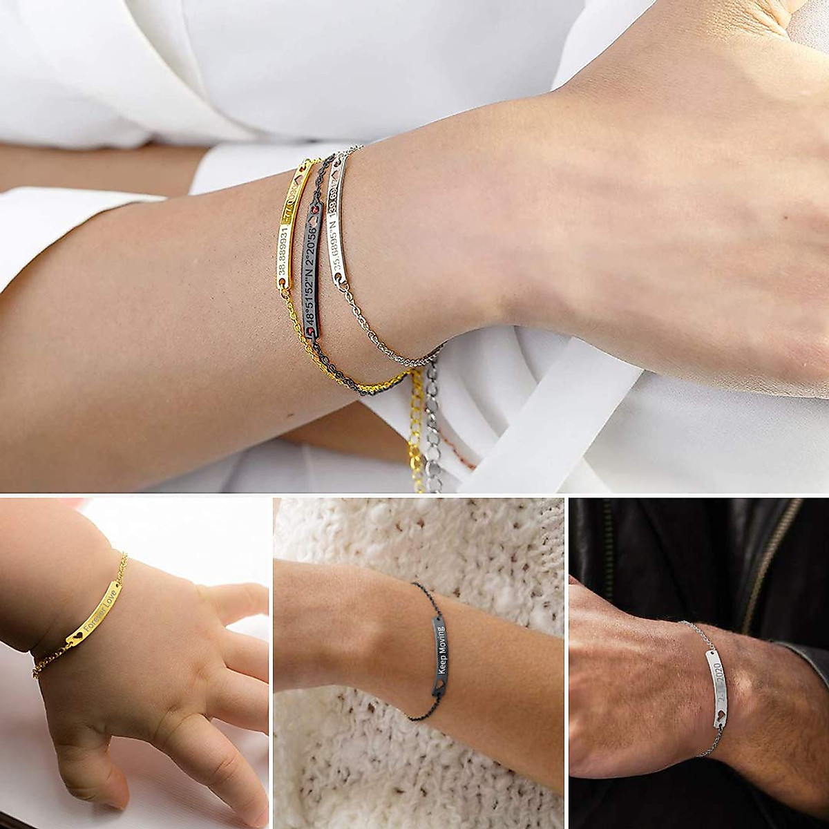 ChainsHouse Engraving Identification Link Bracelet Customized Stainless Steel Heart ID Bar Bracelet for Women Xmas Birthday Gift