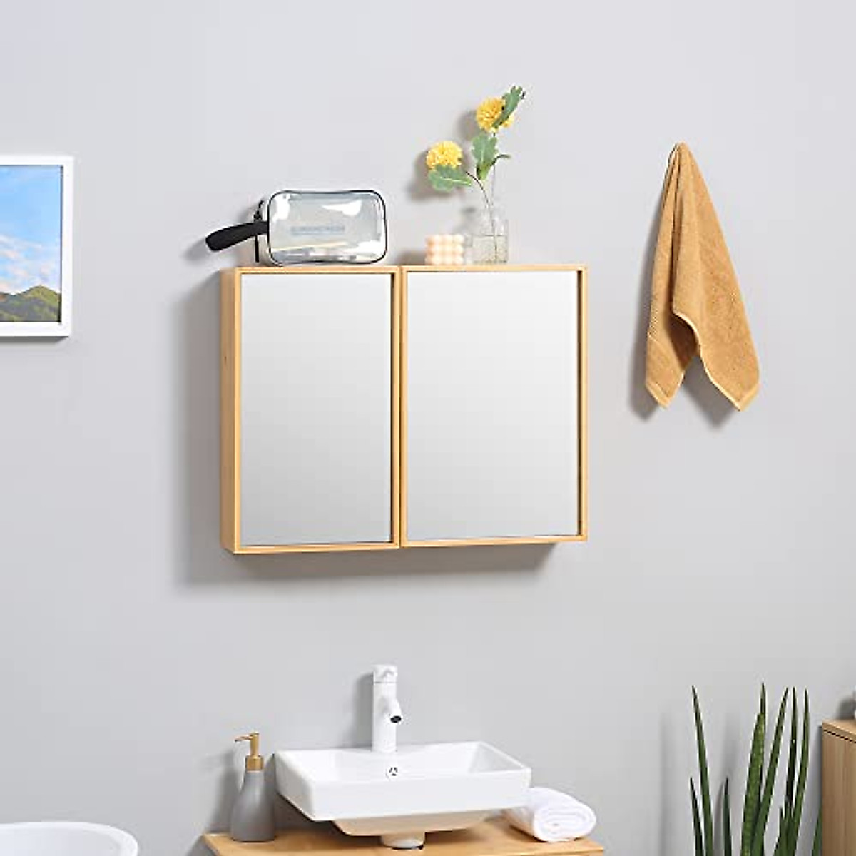 kleankin Bamboo Bathroom Medicine Cabinet, Wall Mounted Storage with Mirrors, Shelves, Natural