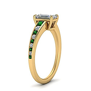 Jewelryonclick Graduated Channel Diamond Ring Yellow Gold Plated Created Emerald Emerald Shape Green Color Side Stone Engagement Rings Channel Setting in Size 9 Fashion Jewelry