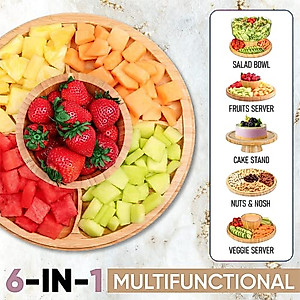 Bamboo Cake Stand with Dome Multi Function 6 in 1 Cake Holder Serving Platter, (12") Round Veggie Stand and Salad Bowl, Decorative Display Cake Stand with lid