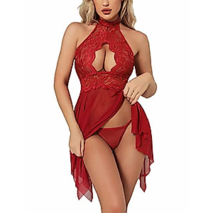 Dewinya Womens Sexy Lace Keyhole Front Babydoll Lingerie Halter Chemise Sleepwear Mesh Mini Slip Dress Large Wine Red