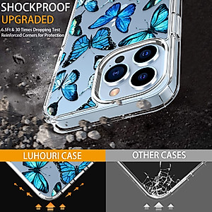 LUHOURI Designed for iPhone 13 Pro Max Case with Screen Protector - Crystal Acrylic Clear for Women and Girls - Slim Fit Protective Phone Cover 6.7" - Floral Blue Butterflies