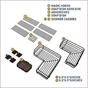 2-Pack Adhesive Corner Shower Caddy, Shower Shelf With 4 Removeable Razor Hooks and 1 Pack Adhesive Soap Dishes, No Drilling Rustproof Stainless Steel Eaeregs Shower Organizer for Inside Shower(Matte Black，Round wire style)