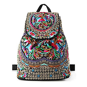 Goodhan Vintage Women Embroidery Ethnic Backpack Travel Handbag Shoulder Bag Mochila (S01 - Size Biggest - Pink - Material Upgraded)