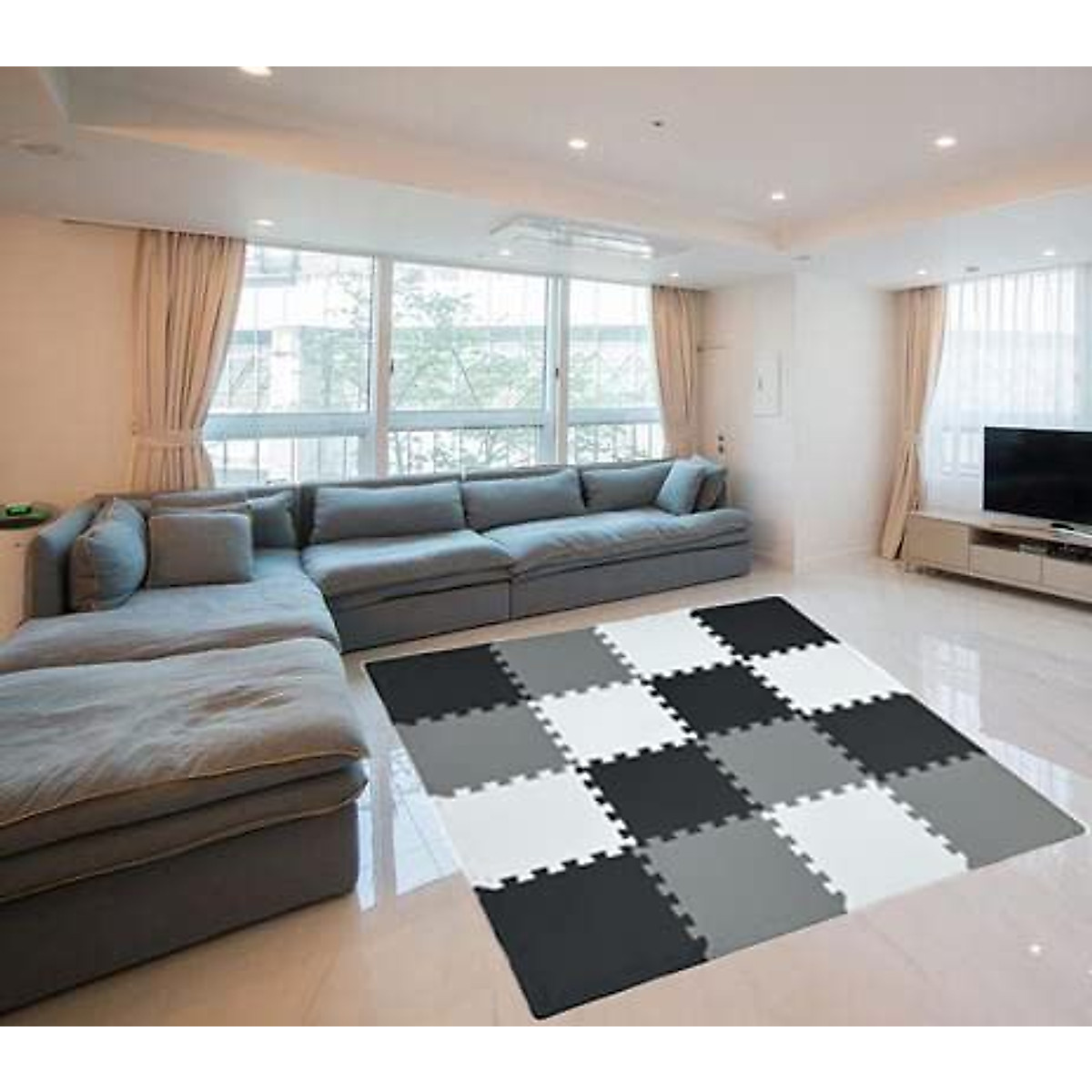 16 Pieces Foam Play Mat with Border, Interlocking Playmat Tiles, Foam Floor Mat Tiles for Kids, Puzzle Play Mat, Exercise Gym Mats – Color of Black & Grey & White