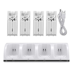 4-in-1 Charging Station for Wii Remote Controller with Rechargeable Batteries and Motion Sensor, Dock, Cable and Adapter - The Ultimate Charger for Nintendo Wii U/Wii（White）