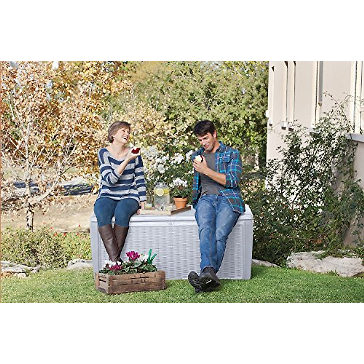 Keter Sumatra 135 Gallon Resin Rattan Look Outdoor Deck Box for Patio Furniture Cushions, Garden Tools, Toys, and Pool Storage