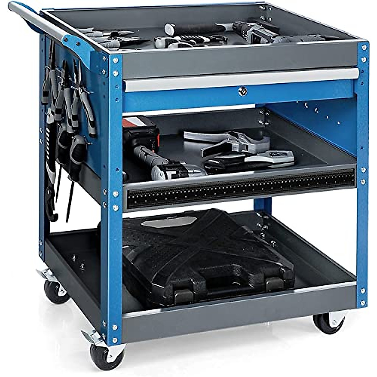 AIRAJ PRO 3 Tier Tool Cart,440 LBS Rolling Tool Cart with Drawer and Wheels,Heavy Duty Industrial Service Cart,Tool Storage Cart with Lockable Drawers ,Tool Storage Organizer for Garage, Warehouse,Workshop,Blue