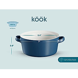 KooK Soup Crocks, Ceramic Stackable Bowls, Broil, Oven, Microwave and Dishwasher Safe, with Handles, For Casserole, Pasta, Cereal, 23.6 oz, Set of 4 (Matte Blue)