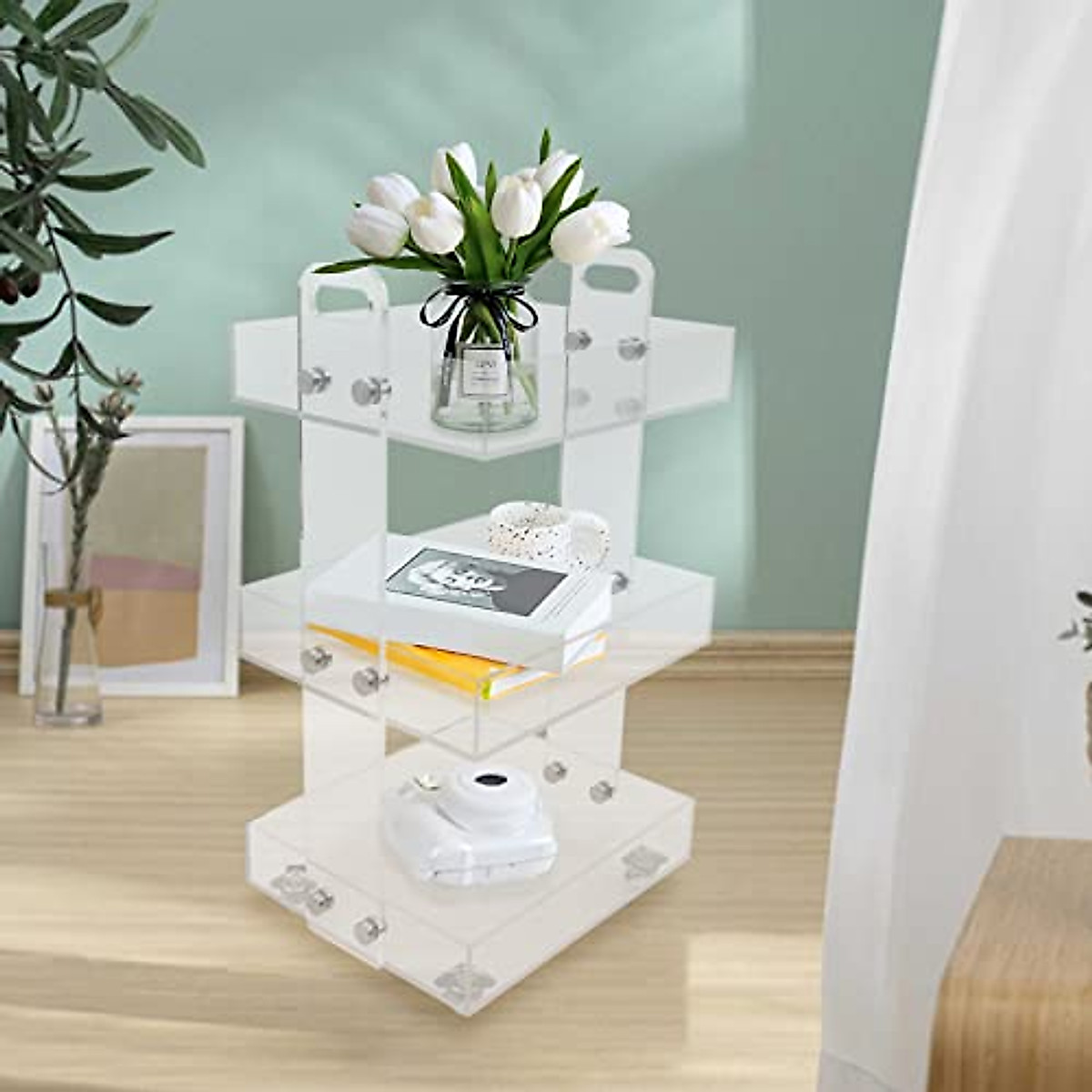 3 Tier Acrylic Multi-Functional Rolling Storage Cart, 16.37x13.38x28 Inch Acrylic Storage Cart with Lockable Wheels for Living Room Bedroom Bathroom Kitchen and Laundry Room