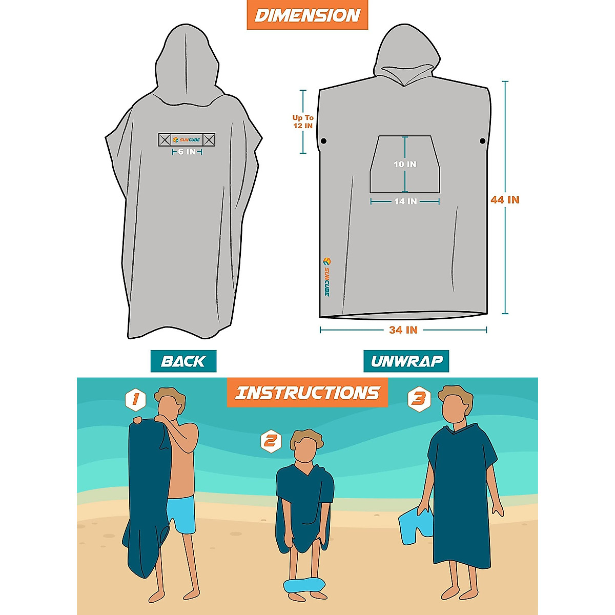 SUN CUBE Surf Poncho Changing Robe with Hood, Thick Quick Dry Microfiber Wetsuit Changing Towel for Surfing Beach Swim Outdoor Sports Men, Absorbent Wearable Towel Cover Up with Pocket, Gray