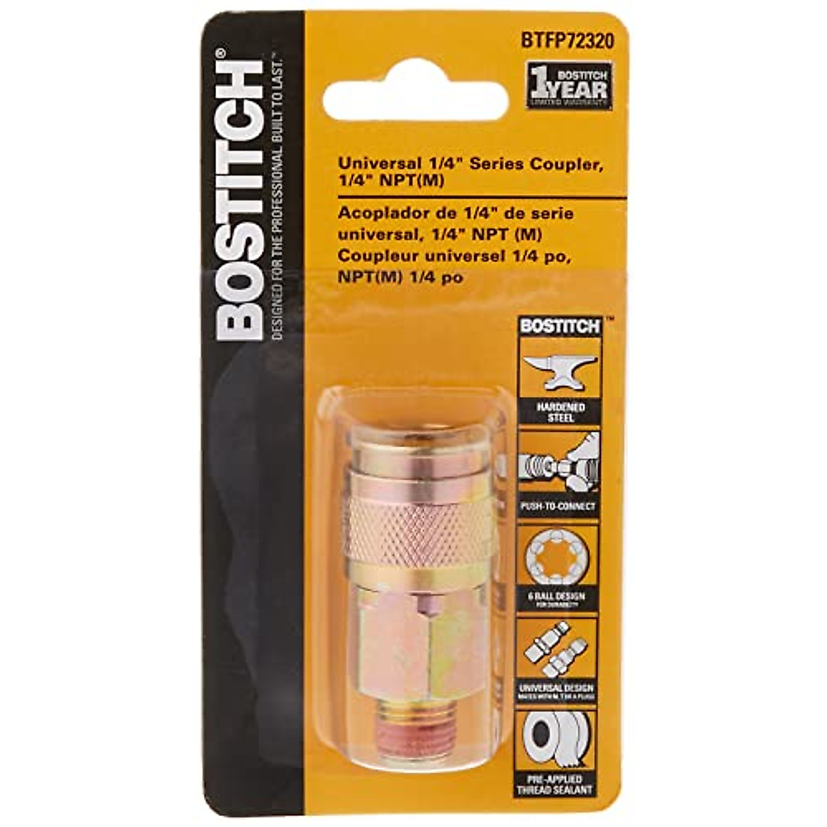 Bostitch BTFP72320 Universal 1/4-Inch Series Coupler - Push-To-Connect - 1/4-Inch NPT Male Thread