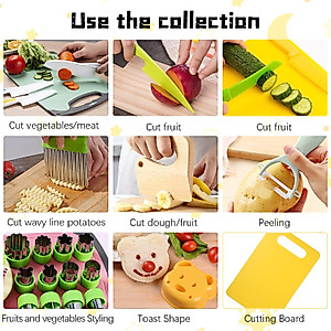 28 Pcs Plastic Toy Kitchen Tools Sets for Kids - Safe Knives Set with Cutting Board,Crinkle Serrated Edges/Wooden Cutter, Fruit Vegetable Mold/Peeler, Kids Knifes for Cooking with Protective Clothing