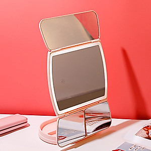 Phoenixb2c 1 Set LED Vanity Mirror Adjustable Practical Bedroom Dresser Folding Cosmetic Mirror with Light Pink