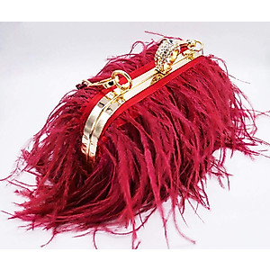 QEBURI Women Fluffy Ostrich Feather Evening Dress Clutch Bag Purse Shoulder Bag (Wine)