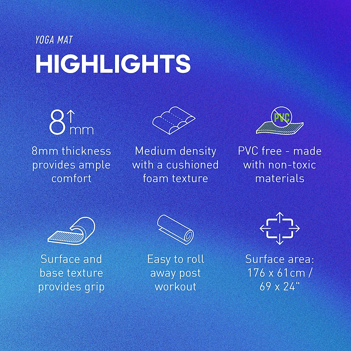 adidas Yoga Mat Thick 8mm EVA Foam Non Slip Exercise Workout Mats for Men and Women - Ideal for Home Gym Fitness, Yoga, Pilates, Studio - Lightweight, Rollable, Foldable (69" L x 24" W)