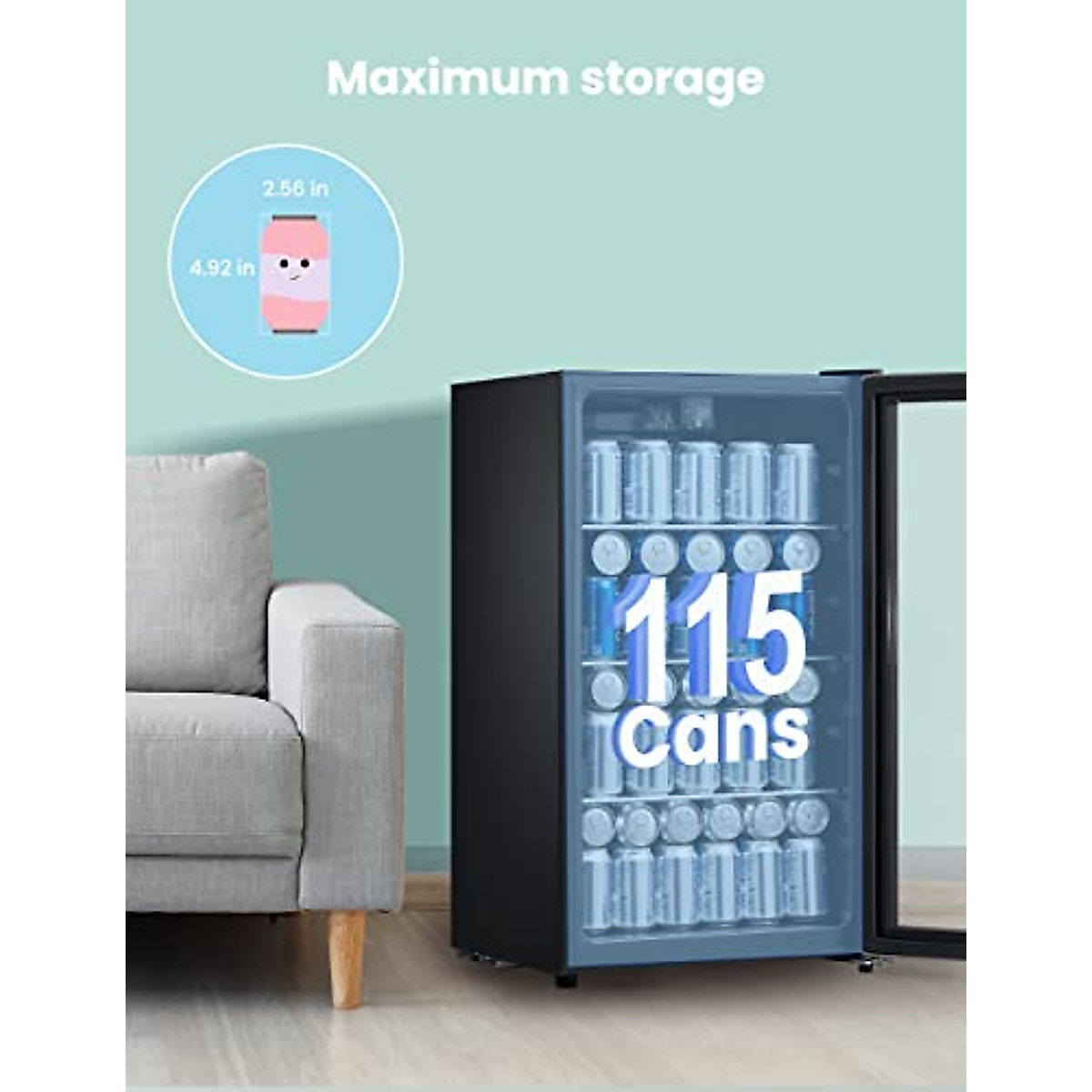 COMFEE' CRV115TAST Cooler, 115 Cans Beverage Refrigerator, Adjustable Thermostat, Glass Door With Stainless Steel Frame, Reversible Hinge Door And Legs For Home, Apartment