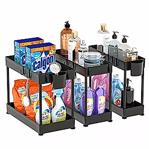3 Pack Under Sink Organizer, 2 Tier Under Bathroom Sink Storage Organizer, Sturdy Bathroom Storage Shelf, Multi-purpose Bath Collection Baskets for Kitchen Countertop Cabinet Pantry