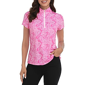 LRD Women's Golf Polo Shirts Short Sleeve Tennis Shirt UPF 30 Quarter Zip Up Pink Paisley/White - L