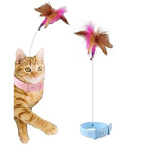 KOTYA Cat Teasing Wand Silicone Collar Hands Free Toy with Bell and Feathers (Sky Blue)