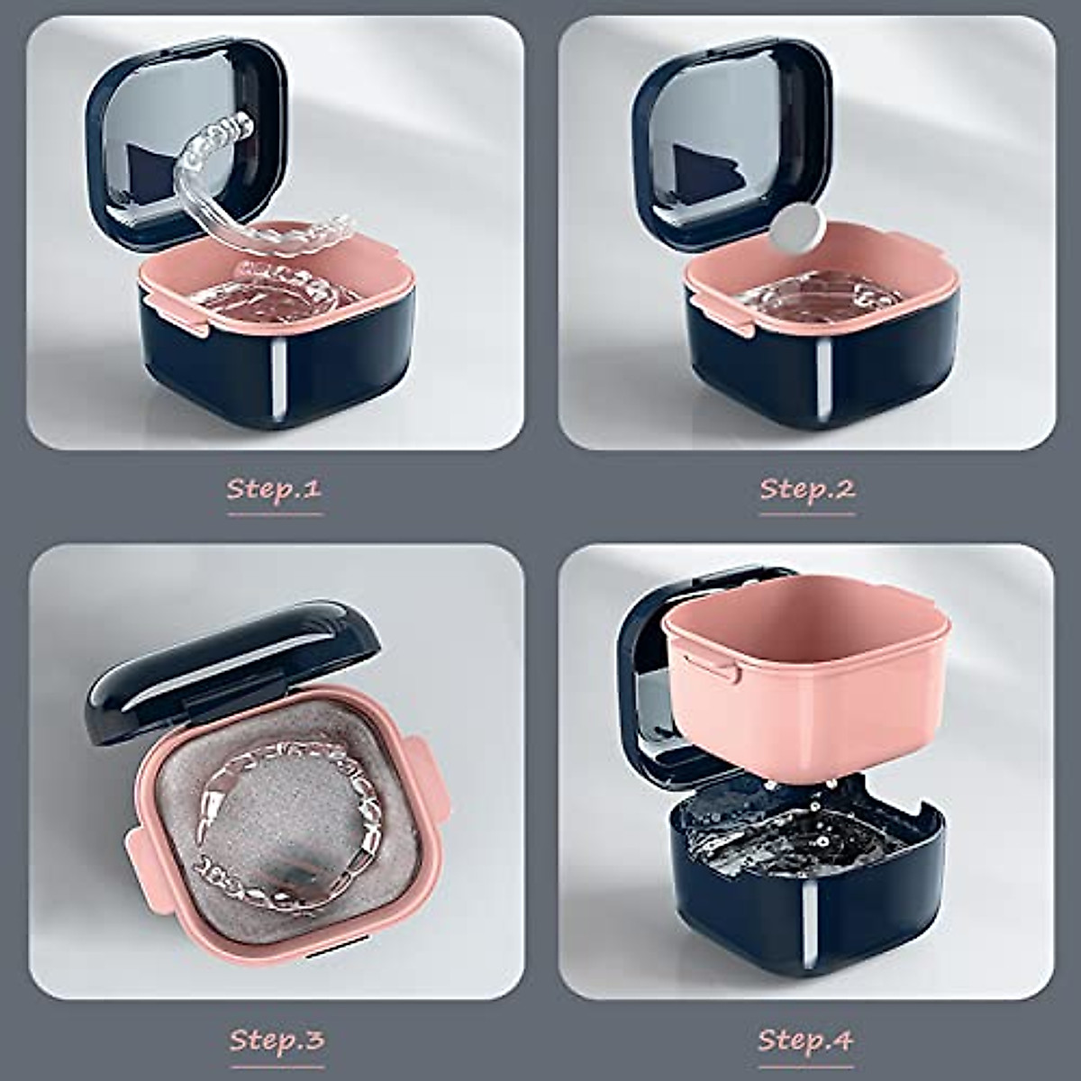 whoobell Denture Cup，Retainer Case,Cute Night Mouth Guard Box Holder, Storage Soak Container with Strainer basket for Travel Cleaning.(1 Pack,Blue)