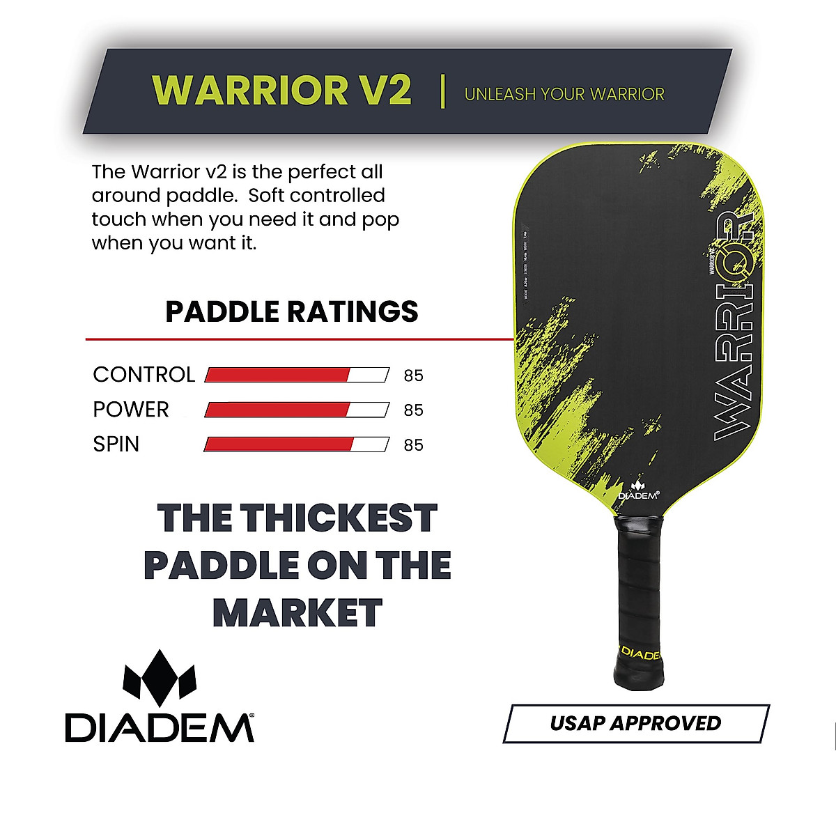 Diadem Warrior V2 Pickleball Paddle – Liquid Carbon Fiber Edgeless Design, Etched Face for Lasting Spin, 19MM Thick, 3 Layer Construction (Yellow)