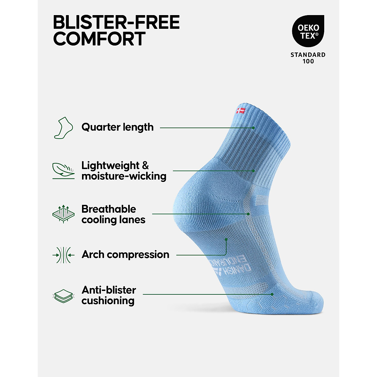DANISH ENDURANCE 3 Pack Running Socks for Long Distances, Quarter, Men & Women, Light Blue, US Women 8-10 // US Men 6.5-8.5