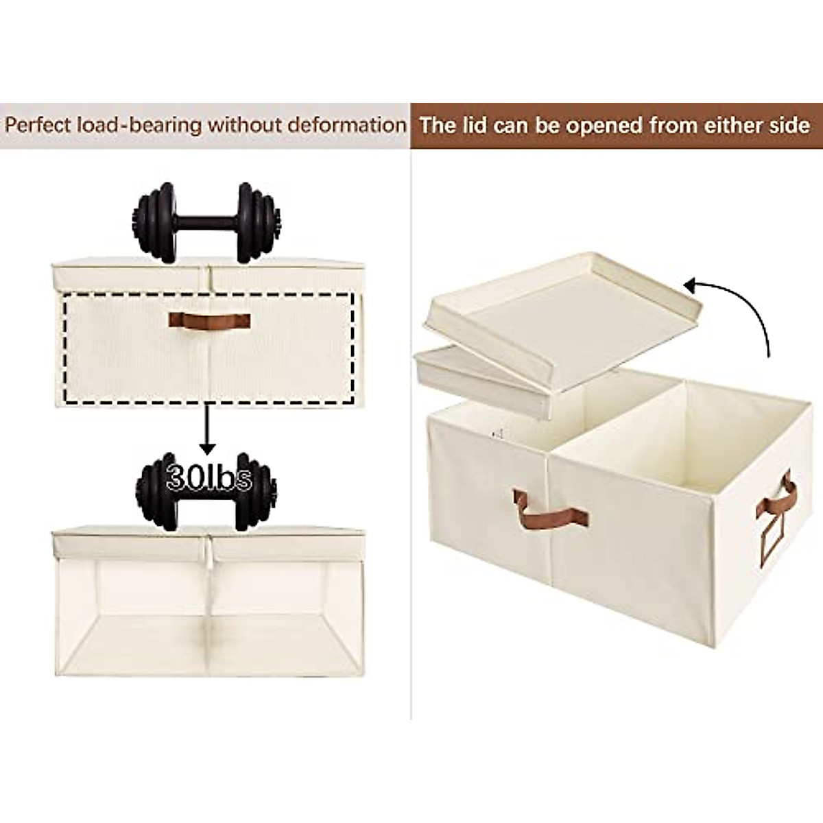 StorageWorks 55L Storage Bin, Decorative Closet Storage Box with Double-Open Lid, Divider Board and 3 PU Handles, Hand Wash, Canvas, Ivory White, Extra Large