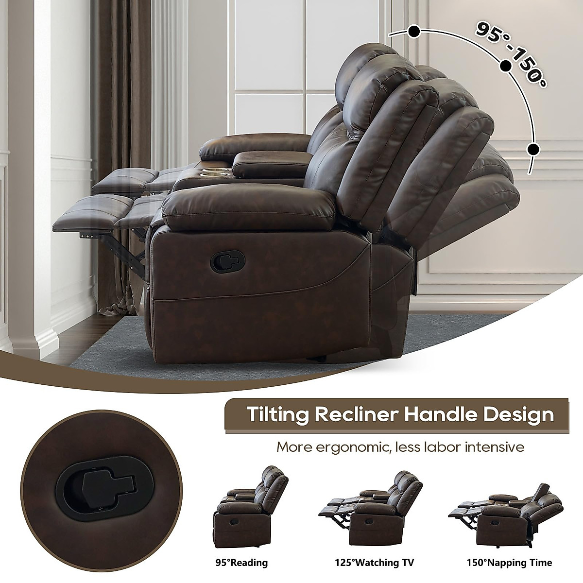 PALLOME Loveseat Recliner Sofa, PU Leather Sofa Couch, Manual Recliner Loveseat with Console, Double Reclining RV Sofa with Cup Holders and Side Pocket for Living Room/Office/Apartment (Brown)