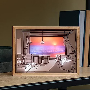 JANARARY Decorative Lamp on Desk, Warm Seaside Design Desktop Illustration Light, USB Low Power Desk Lamp with Morning/Afternoon/Sunset 3 Modes