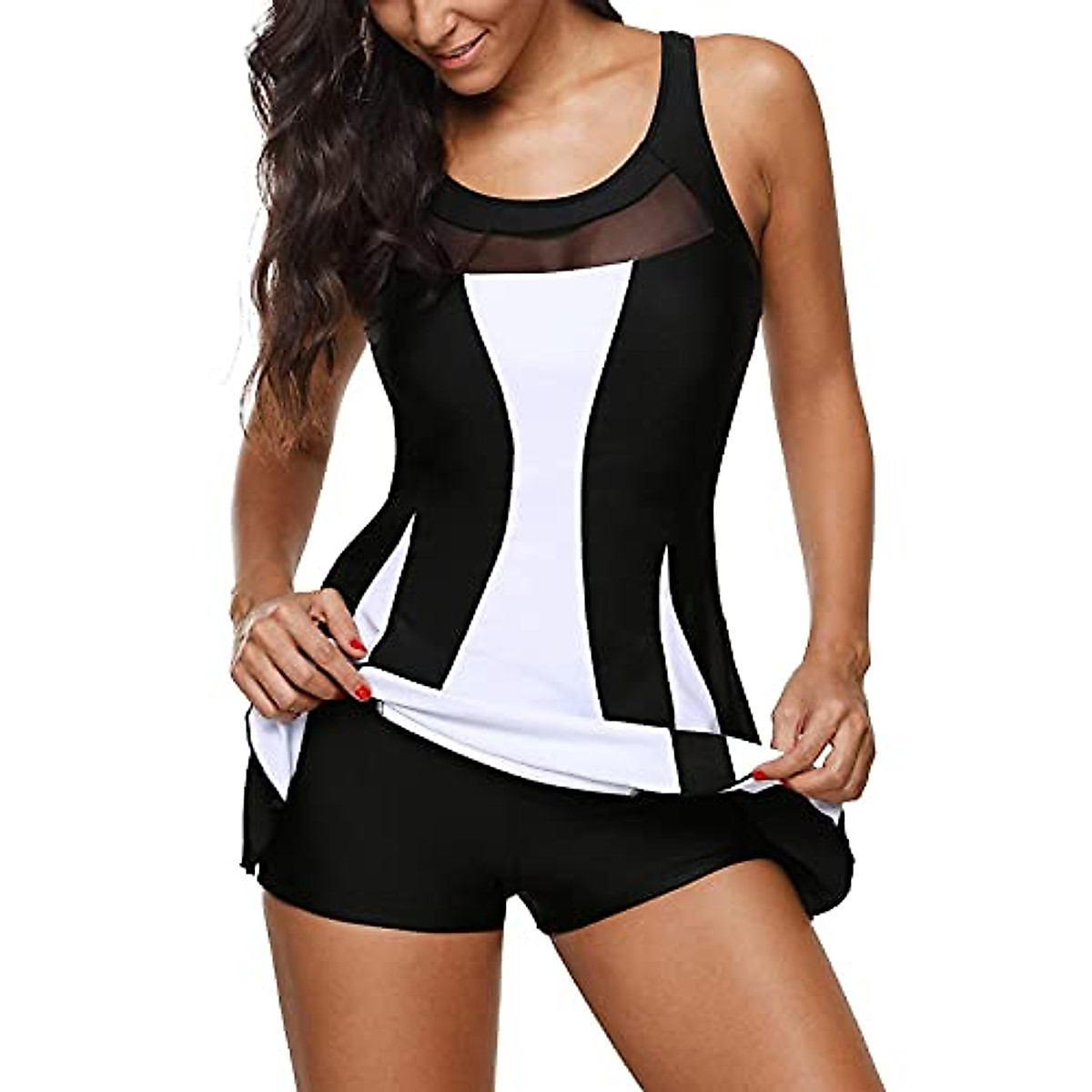 American Trends Bathing Suit for Women Tummy Control Swim Dress One Piece Swimsuits Mesh Swimming Suit Skirt Swimwear Black White 14-16