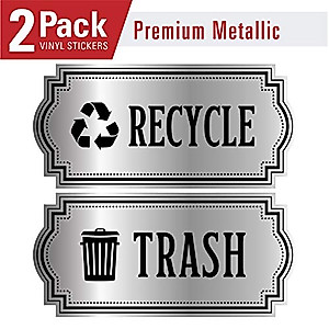 Recycle and Trash Logo Symbol - Elegant Golden Look for Trash Cans, Containers, and Walls - Laminated Vinyl Decal (XSmall, Silver - Elegant 2)