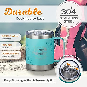 Christian Art Gifts Stainless Steel Double Wall Vacuum Insulated Camp Style Travel Mug 11 oz Floral Teal Coffee Mug with Lid and Handle for Women - Strength and Dignity - Proverbs 31:25
