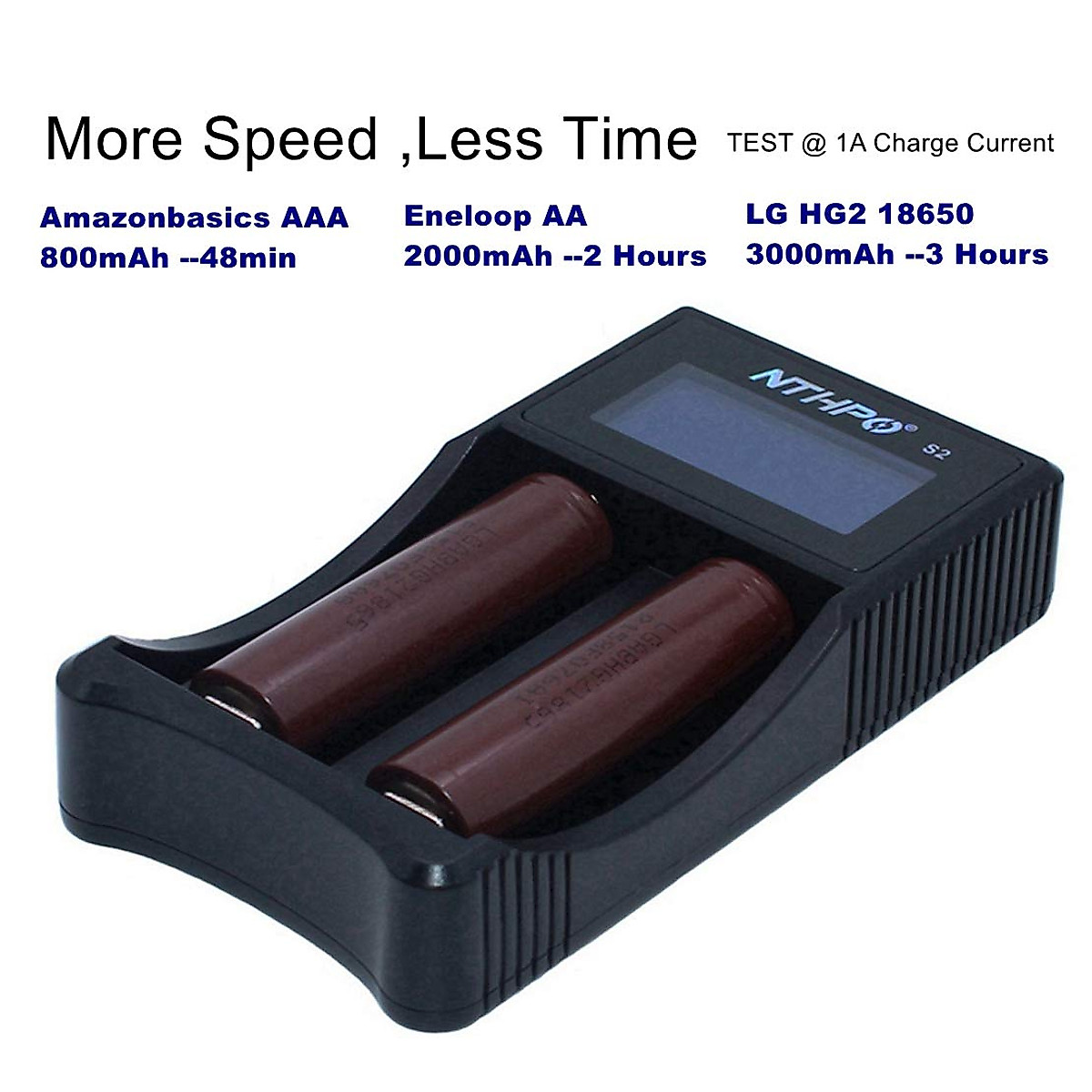 NTHPO Universal Battery Charger S2 LCD Display Smart Intelligent Charger for Rechargeable Li-ion Batteries 26650 22650 18650 18490 18350 17670 17500 16340(RCR123) 14500 10440 Ni-MH Ni-CD AA AAA