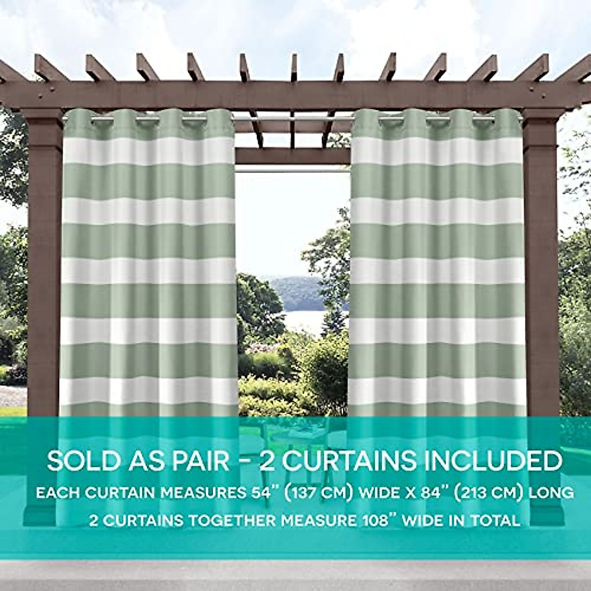 Exclusive Home Cabana Stripe Indoor/Outdoor Light Filtering Grommet Top Curtain Panel, 54"x108", Seafoam, Set of 2