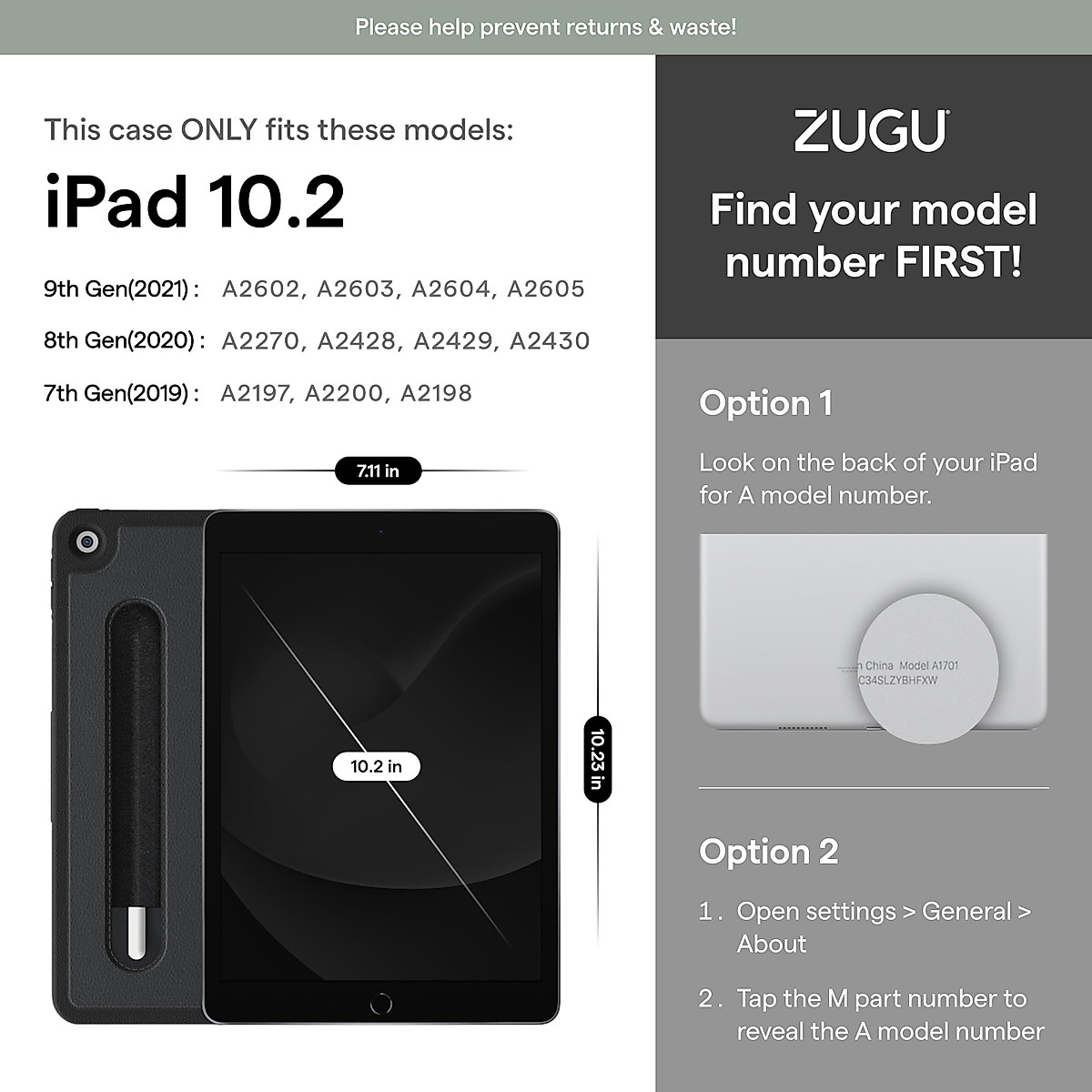 ZUGU CASE for 10.2 Inch iPad 7th / 8th / 9th Generation Case (2021/2020/2019), Protective, Thin, Sleek Design, Magnetic Stand, Sleep/Wake Cover, Magnetic Cover, Black