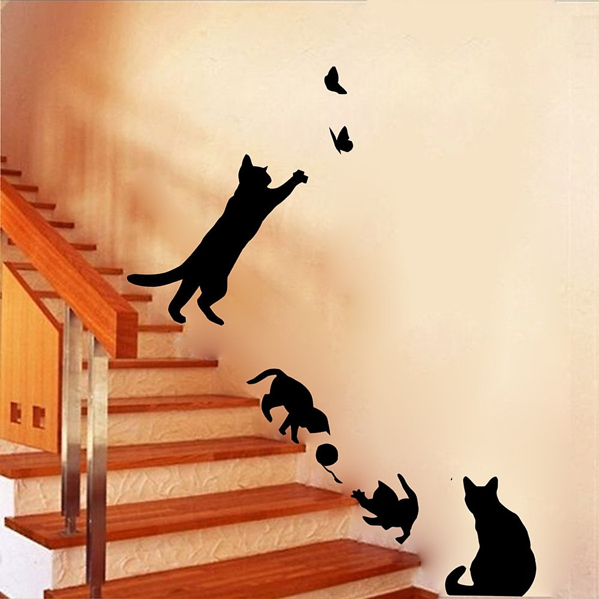 DNVEN Cats Decals Cats Playing Cathing Butterfly Silhouette Children Animals Kids Wall DIY Vinyl Removable Stickers Murals for Kids Rooms Children's Rooms Bedrooms Nursery 37 inches x 21 inches