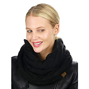 C.C Women's Winter Cable Knit Sherpa Lined Warm Infinity Pullover Scarf, Black