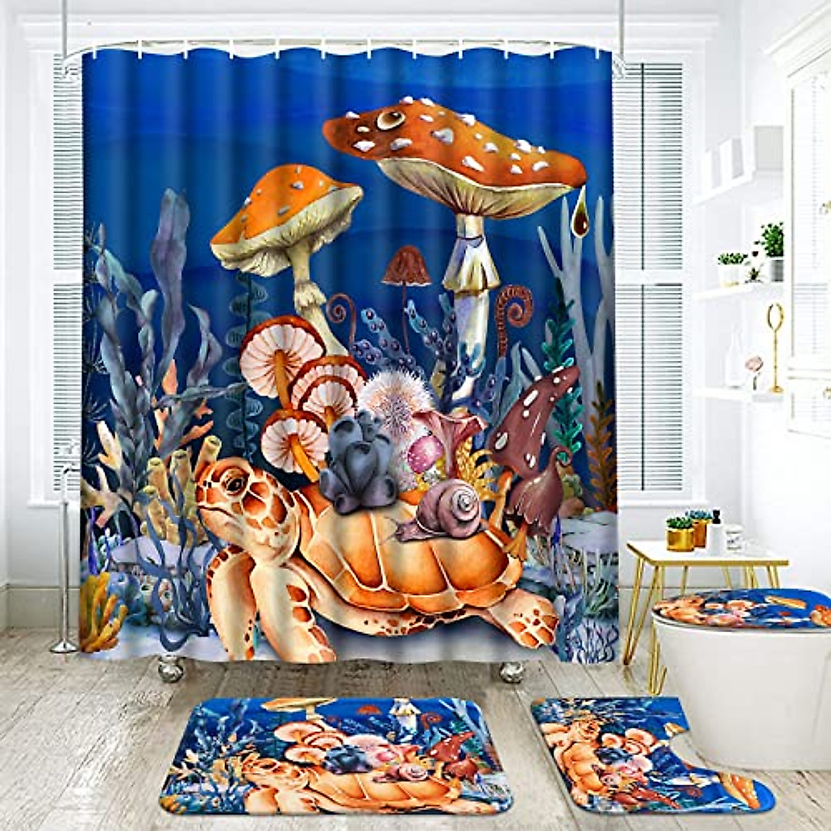 Alishomtll 4Pcs Mushroom Shower Curtain Sets with Non-Slip Rug, Toilet Lid Cover and Bath Mat, Sea Turtle Bathroom Sets, Funny Shower Curtains with 12 Hooks, Ocean Beach Kids Bathroom Sets