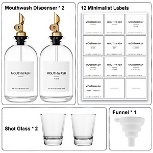 HomeFeel Mouthwash Dispenser for Bathroom, 12.7 oz, 2 Pack - Glass Mouthwash Bottle with 304 Stainless Steel Spout & Minimalist Labels, Style Mouthwash Container, Gold